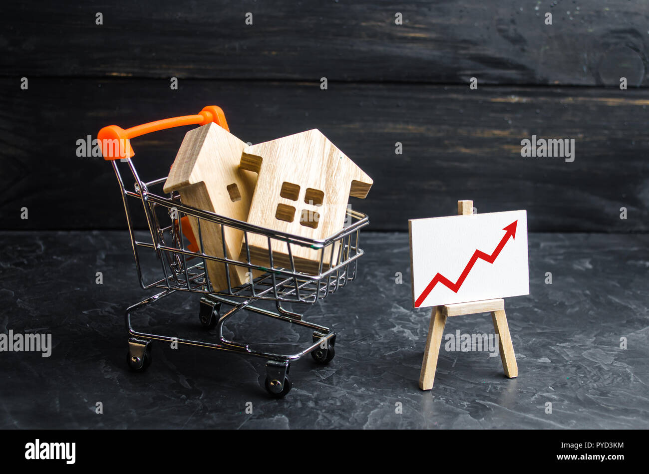 Wooden houses in a supermarket cart and up arrow. Growing demand for ...