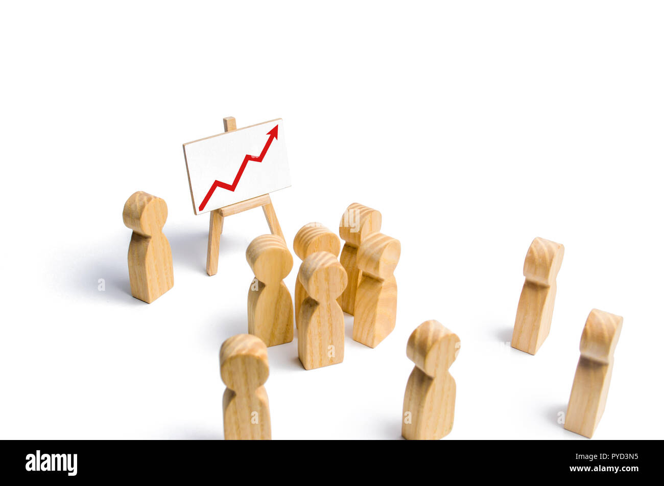 The leader is standing near the graph with a red up arrow speaks a ...