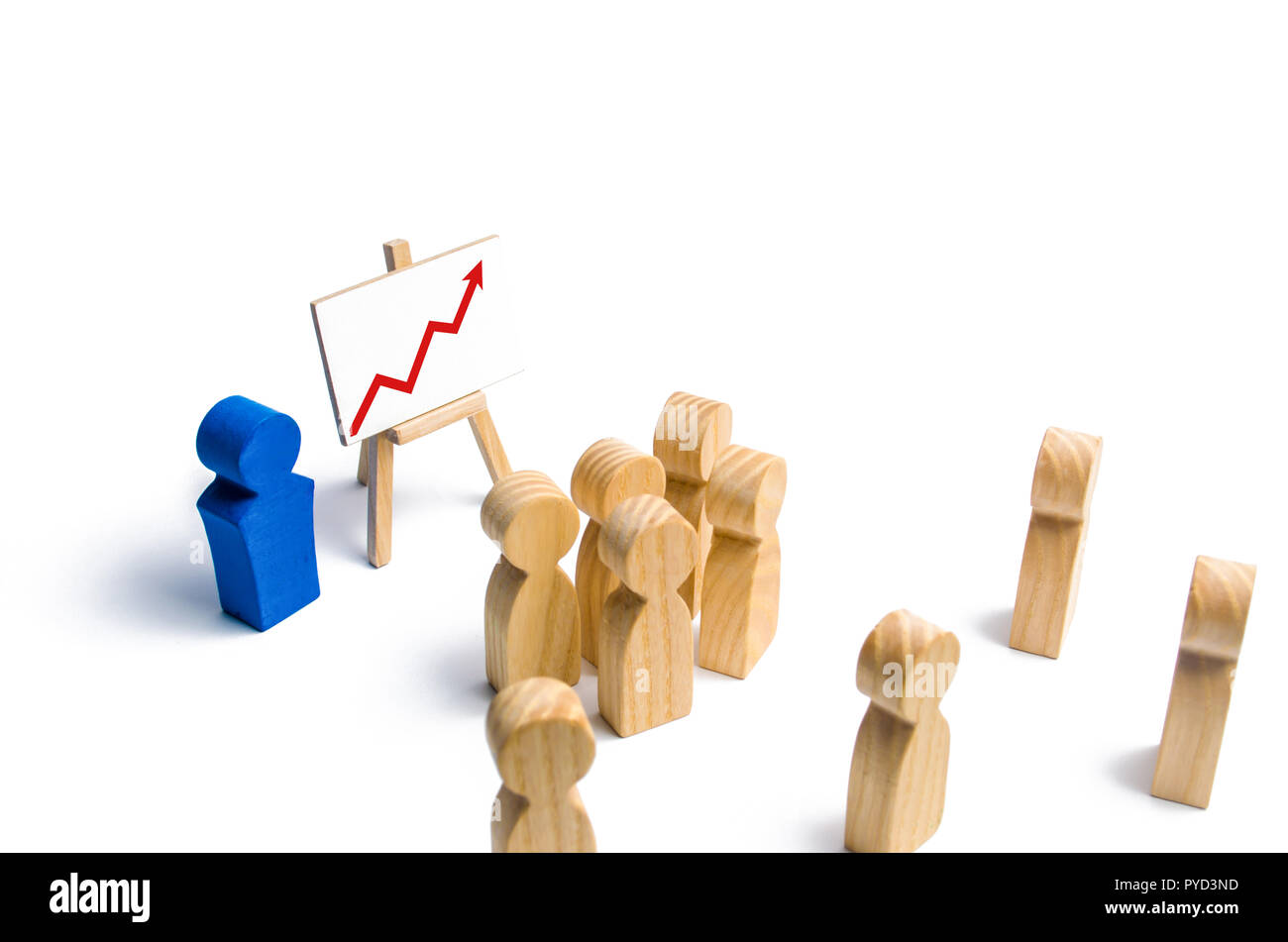 The leader is standing near the graph with a red up arrow speaks a ...