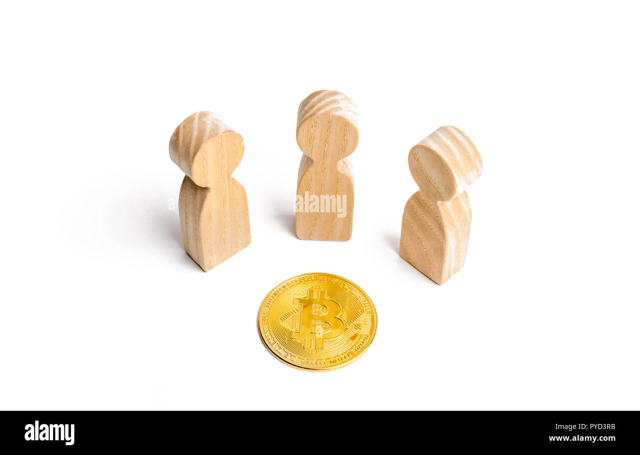 three figurines of people are standing around a bitcoin coin on a white ...
