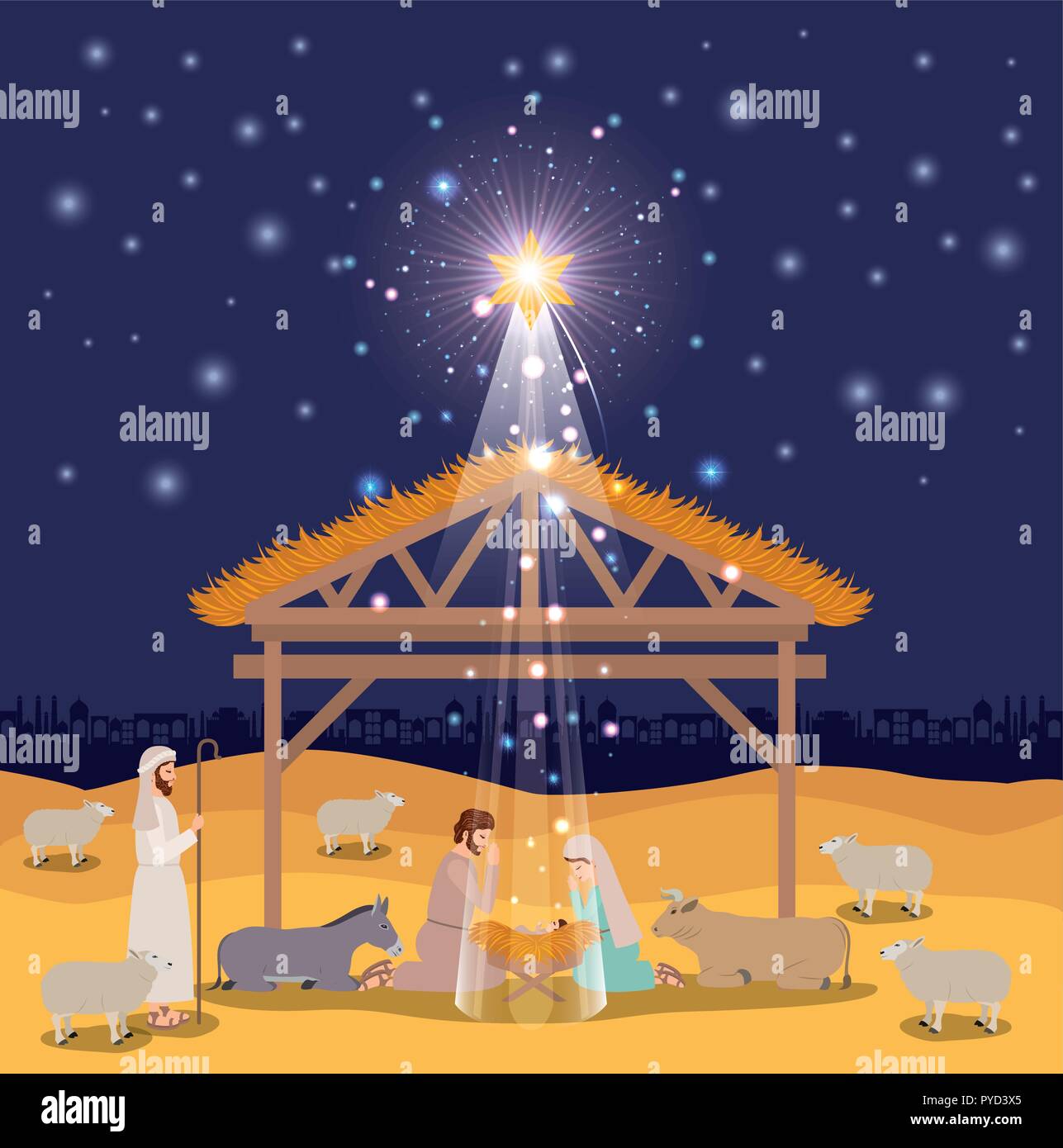 christmas card with holy family and animals in stable Stock Vector ...