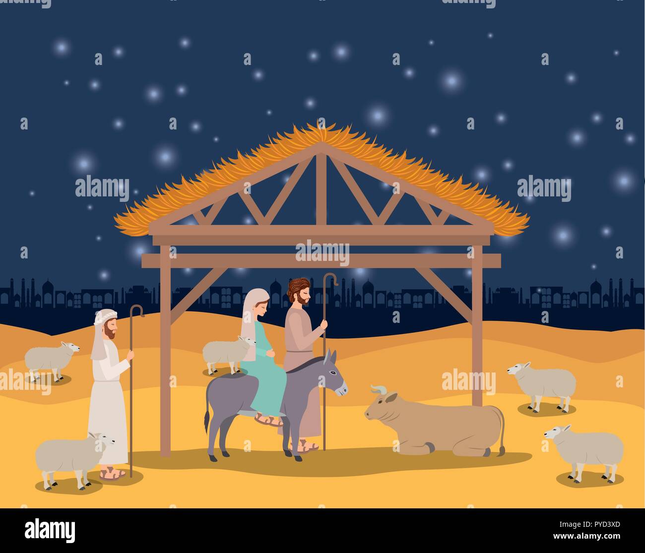 christmas card with holy family and animals in stable Stock Vector ...
