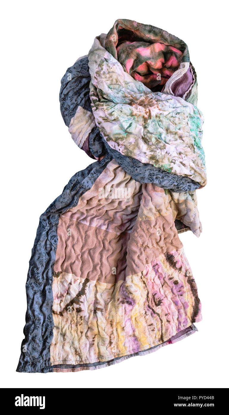 knotted handmade silk patchwork scarf cut out on white background Stock ...