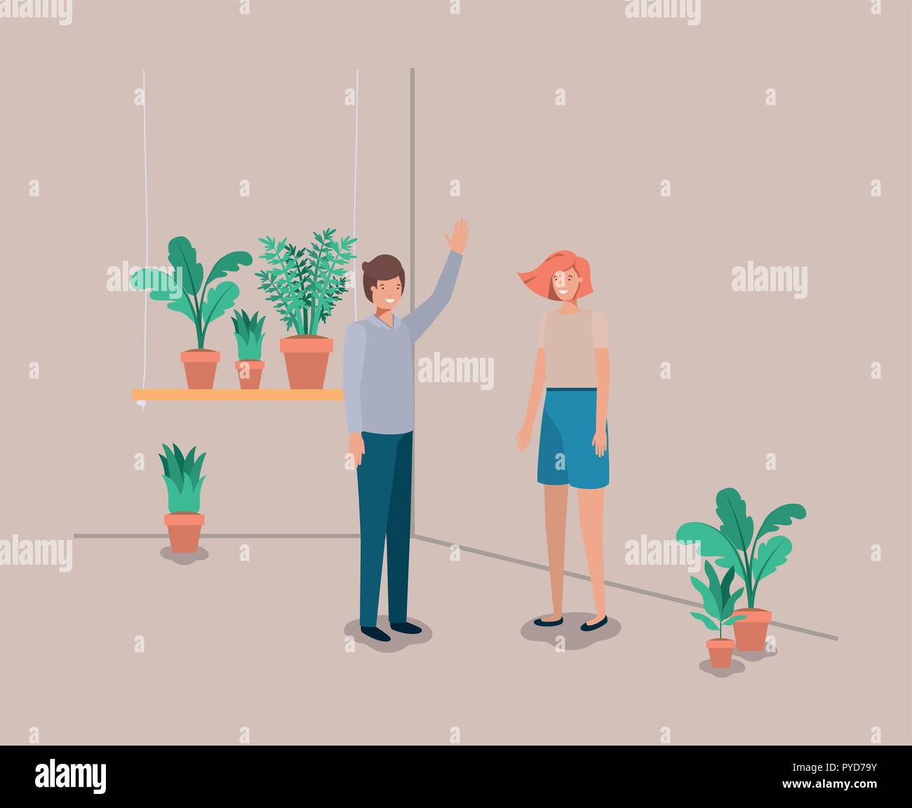 couple with houseplants in shelf Stock Vector Image & Art - Alamy