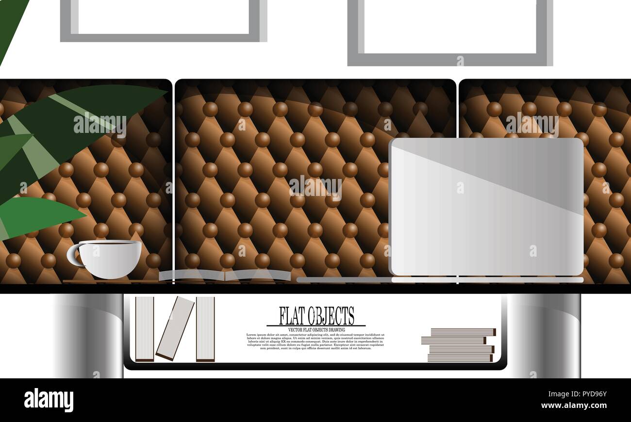 Flat object design set, side view working space on the couch with ...