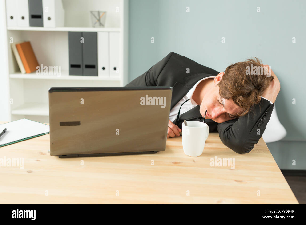 Joke, business people and humor concept - Tired businessman sleeping ...