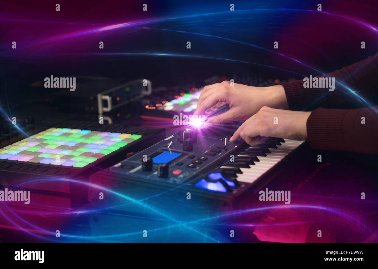 Hand mixing music on midi controller with wave vibe concept Stock Photo ...