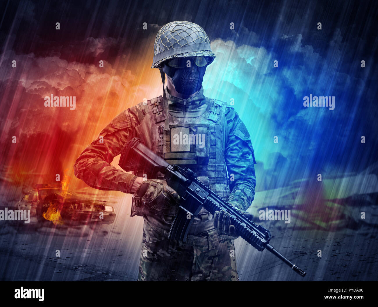 Armed soldier with sniper in the middle of a dust storm Stock Photo - Alamy