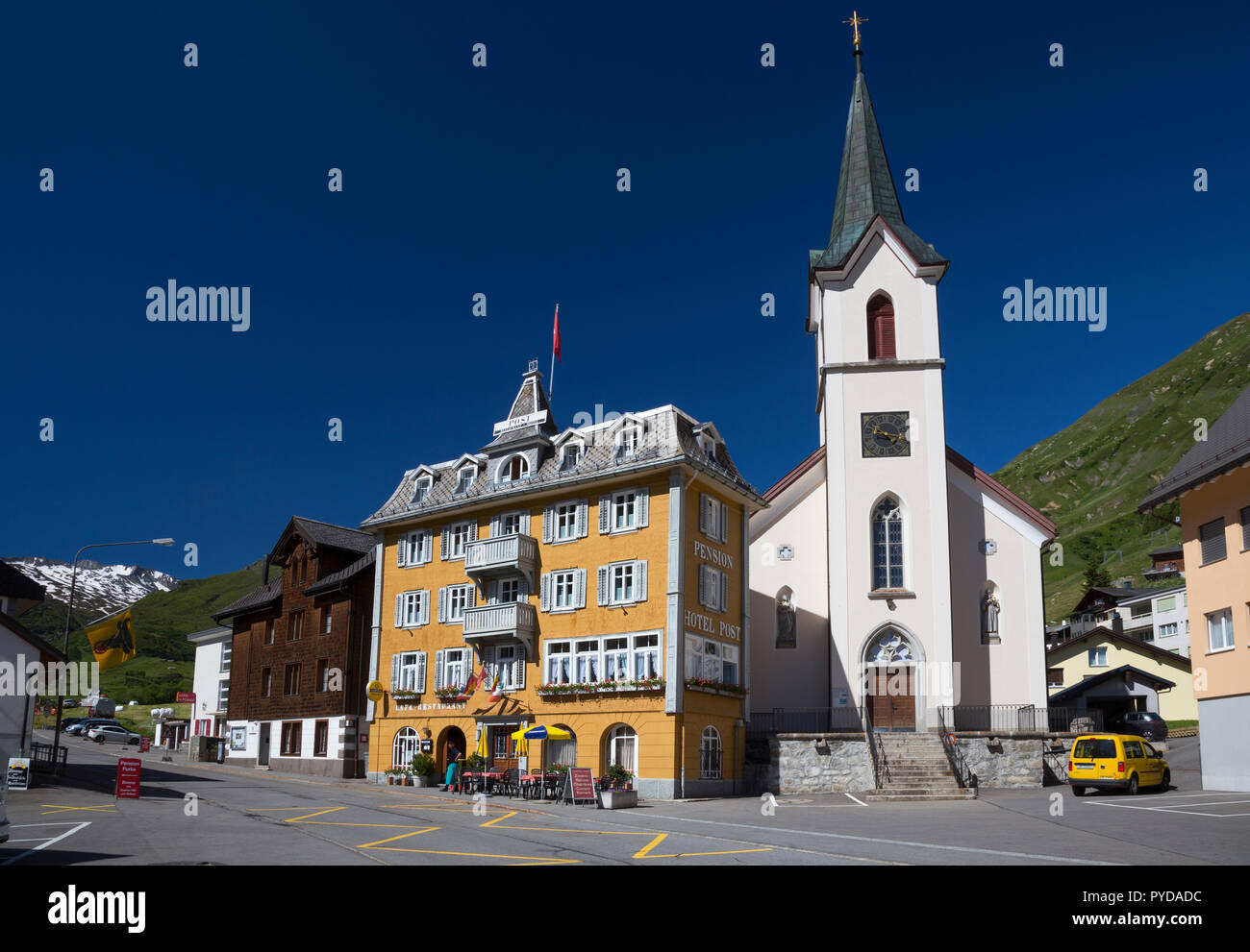 Hotel Post and Roman catholic church in Realp on the Furka Pass ...