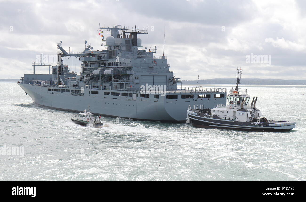 The FGS Berlin, a German naval support ship, sails from Portsmouth, UK ...