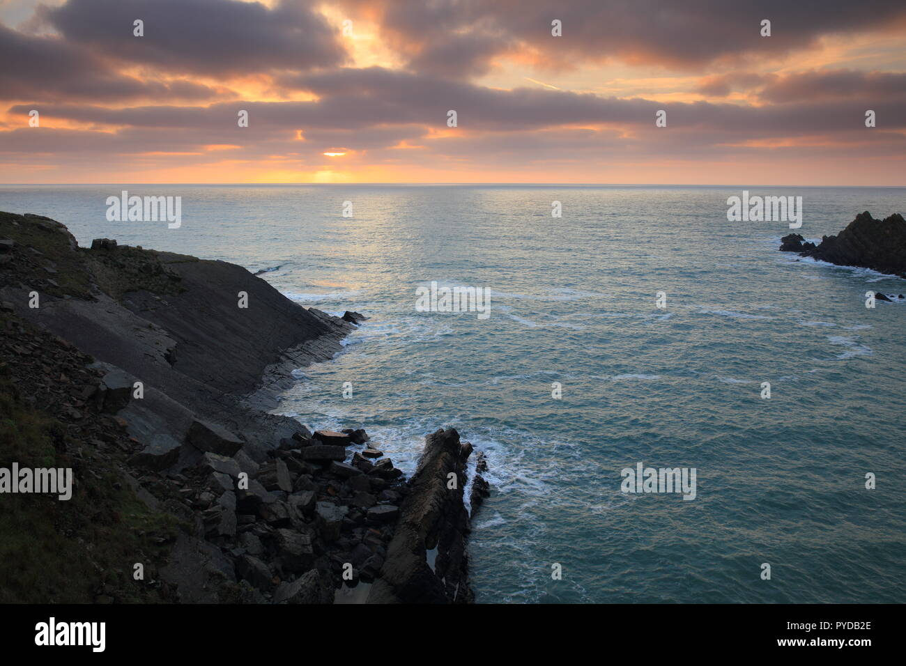 Sunset around Hartland Quay coast, North Devon, England, UK Stock Photo ...
