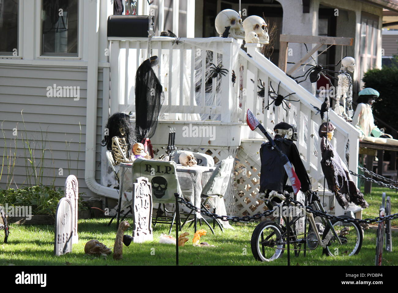 Party house with a dinner table and skeleton guest arriving on his ...
