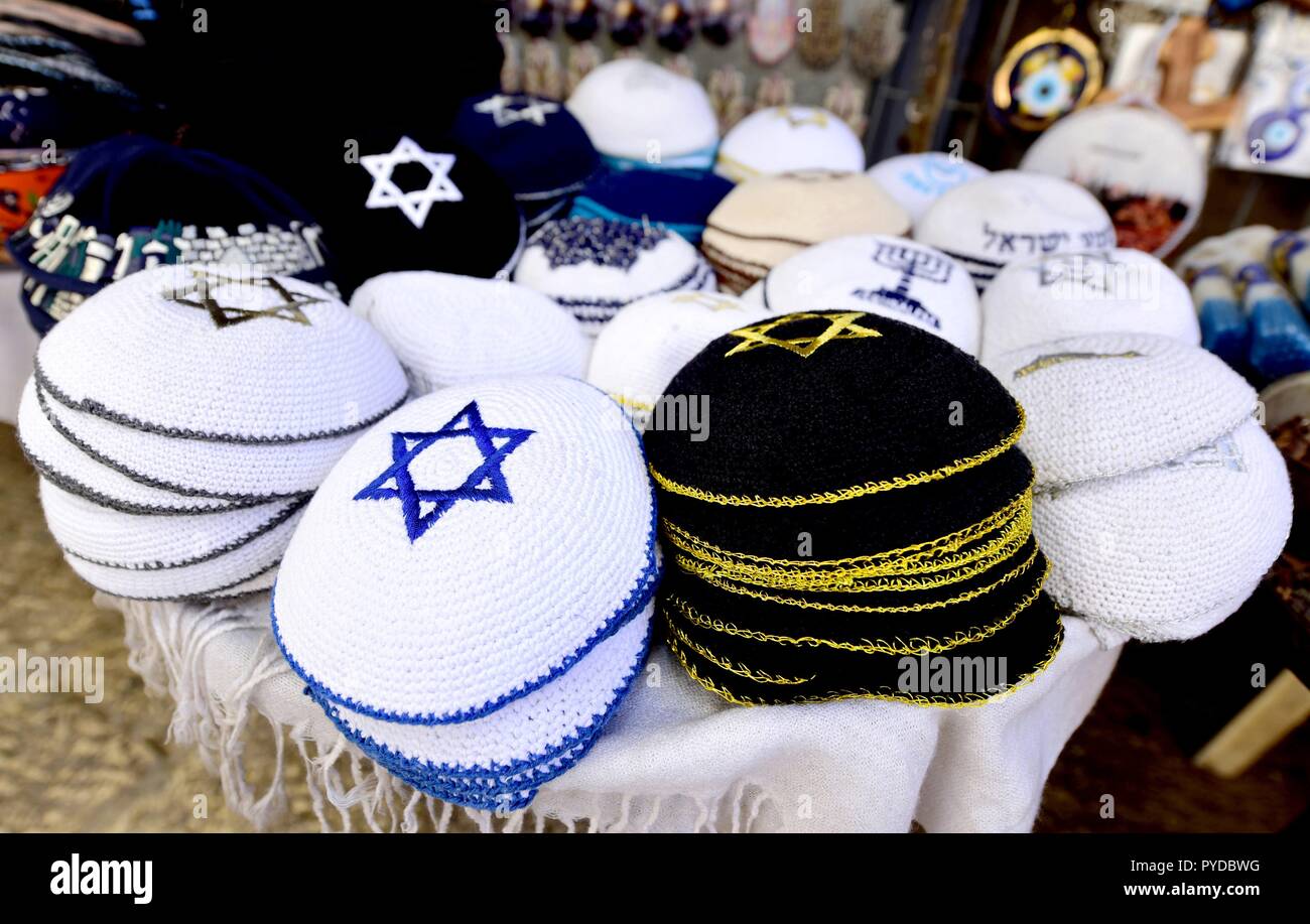Various kippot at a stall in the old town of Jerusalem (Israel), 24 ...