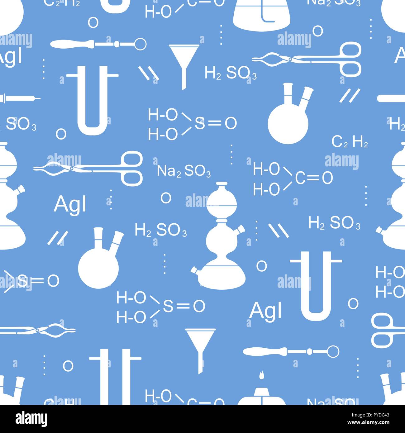 Scientific vector seamless pattern with flasks, burners, funnels, tools ...