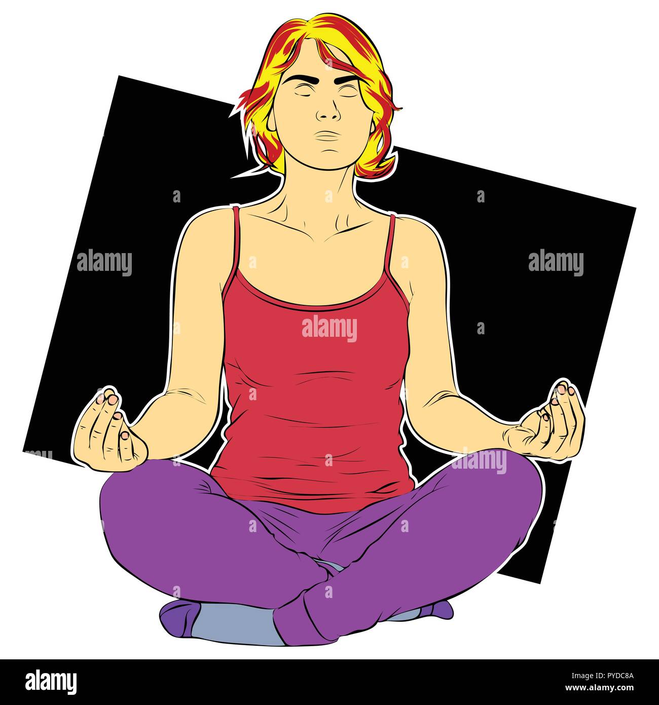 Yoga concept. Comic book style vector illustration of a woman doing ...