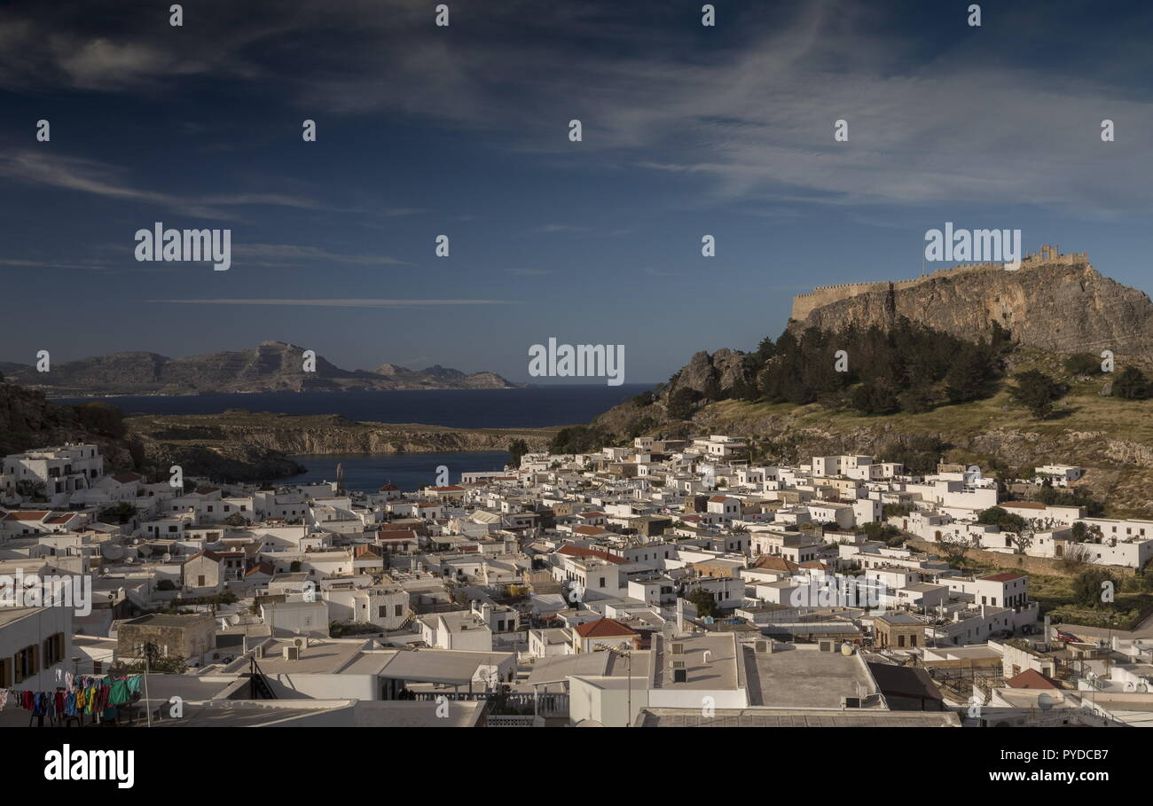 The ancient town of Lindos, on the south-east coast of Rhodes, Greece ...