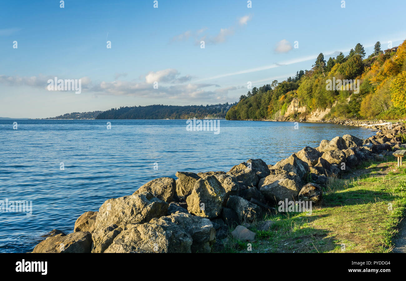 A view of the rocky shoreline at Saltwater State Park in the autumn ...