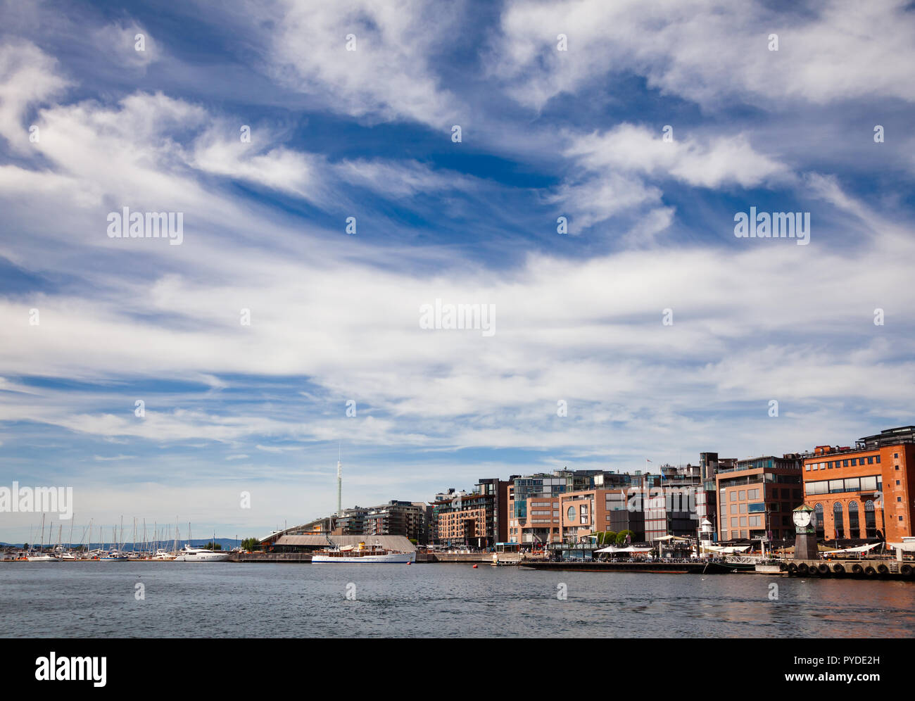 Oslo cityscape with Aker Brygge neighborhood and quay at Oslofjord ...