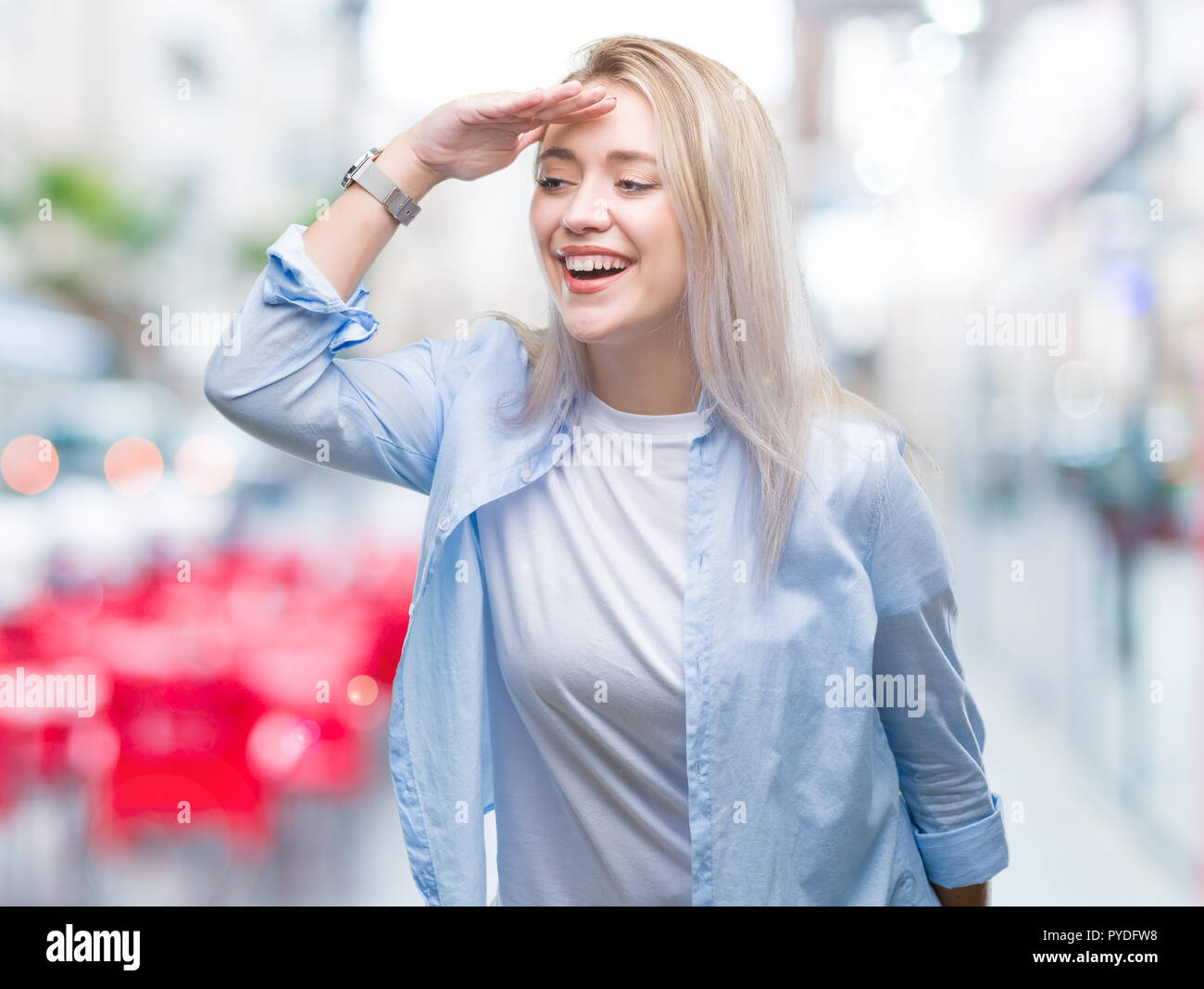 Young blonde woman over isolated background very happy and smiling ...