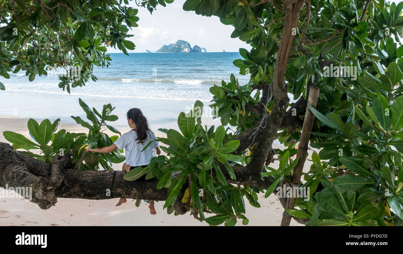 teenager sitting on tree at beach Stock Photo - Alamy