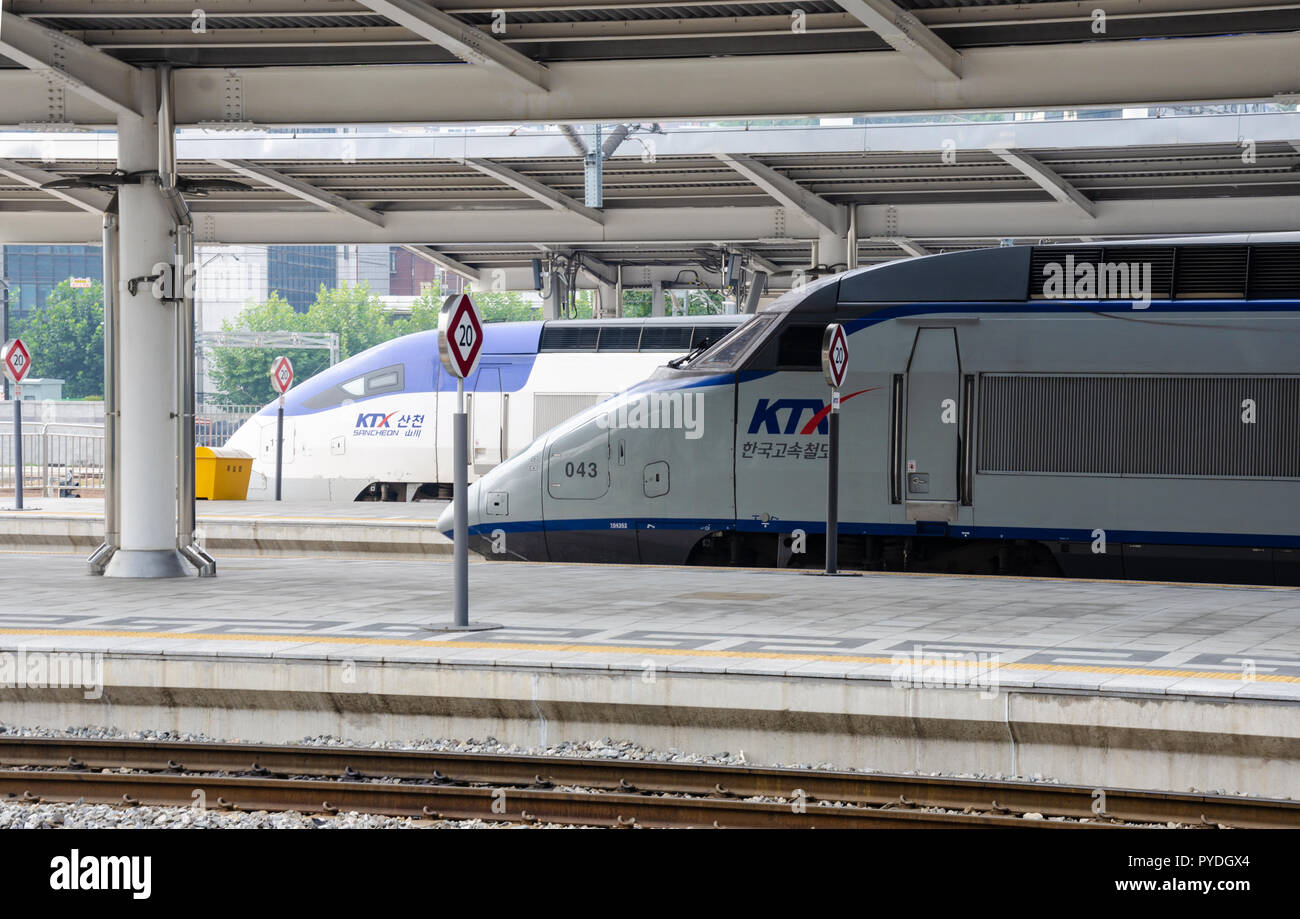 KTX Trains, Korea's fast, express inter-city trains sit and wait to ...