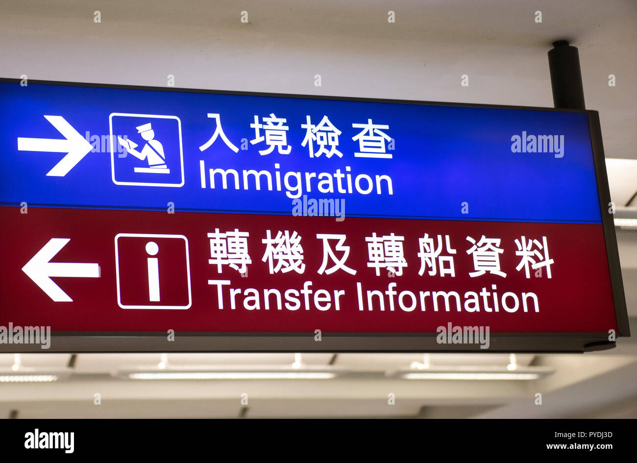 A sign post is seen at Hong Kong airport giving direction of the ...