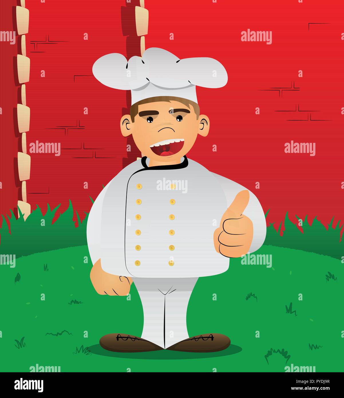 Fat male cartoon chef in uniform making thumbs up sign. Vector ...