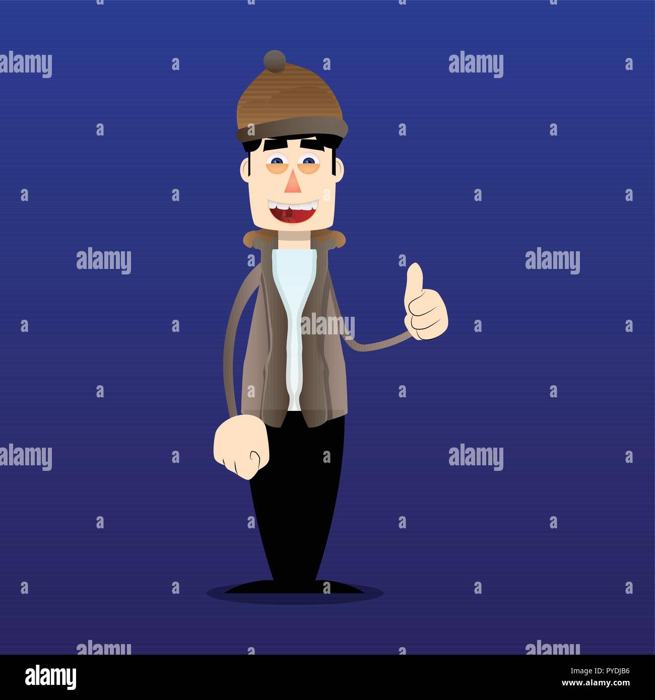 Funny cartoon man dressed for winter making thumbs up sign. Vector ...