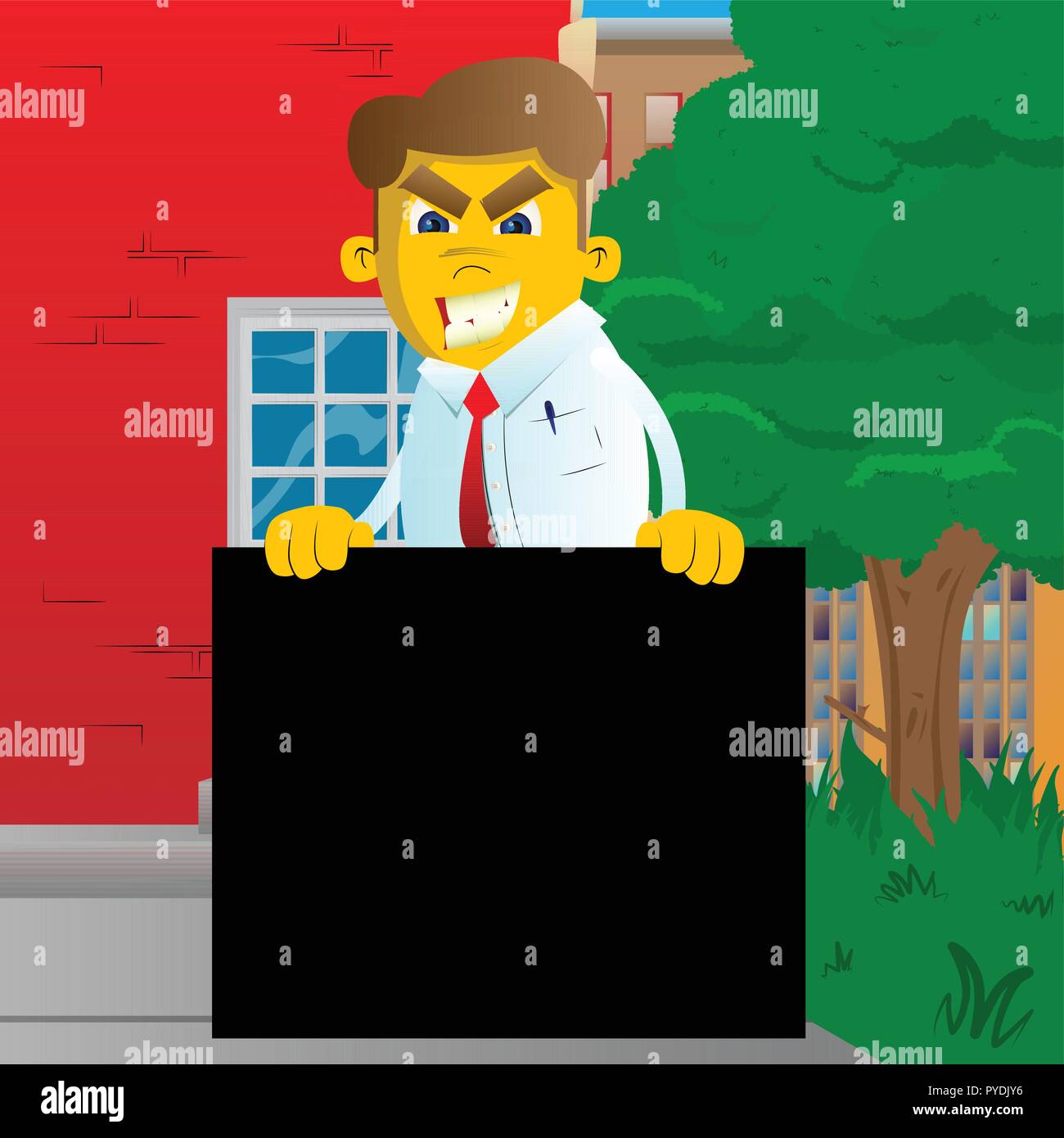 Yellow man holding blank black sign. Vector cartoon illustration Stock ...
