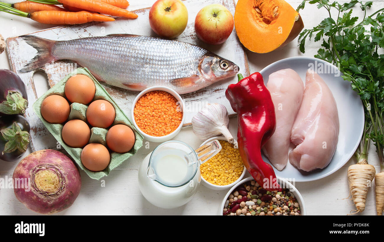 Balanced diet food concept. Ingredients for healthy cooking Stock Photo ...