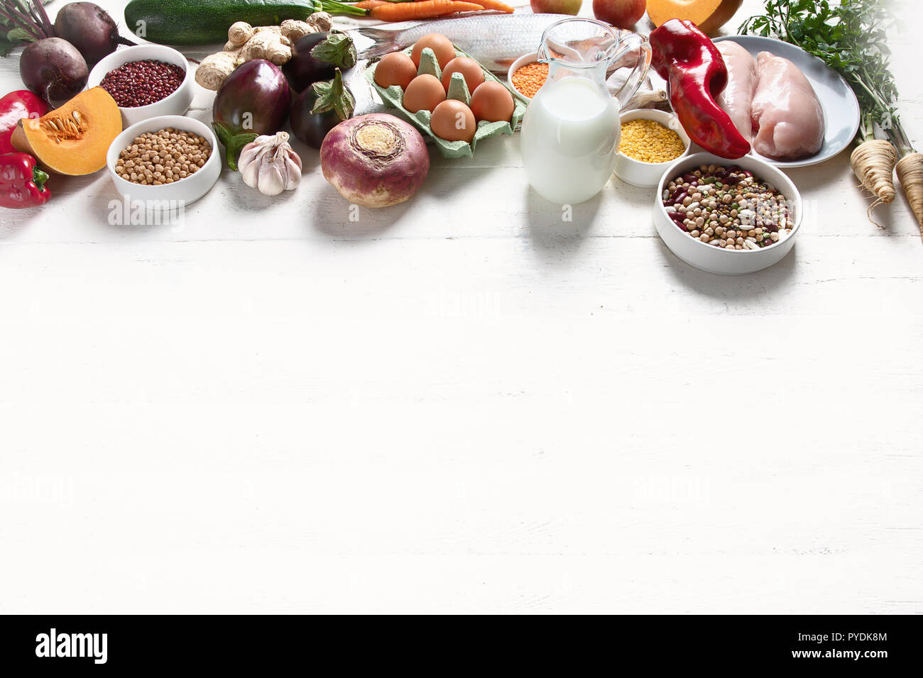 Balanced diet food concept. Ingredients for healthy cooking with copy ...