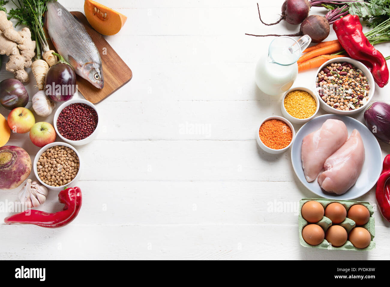 Balanced diet food concept. Ingredients for healthy cooking with copy ...