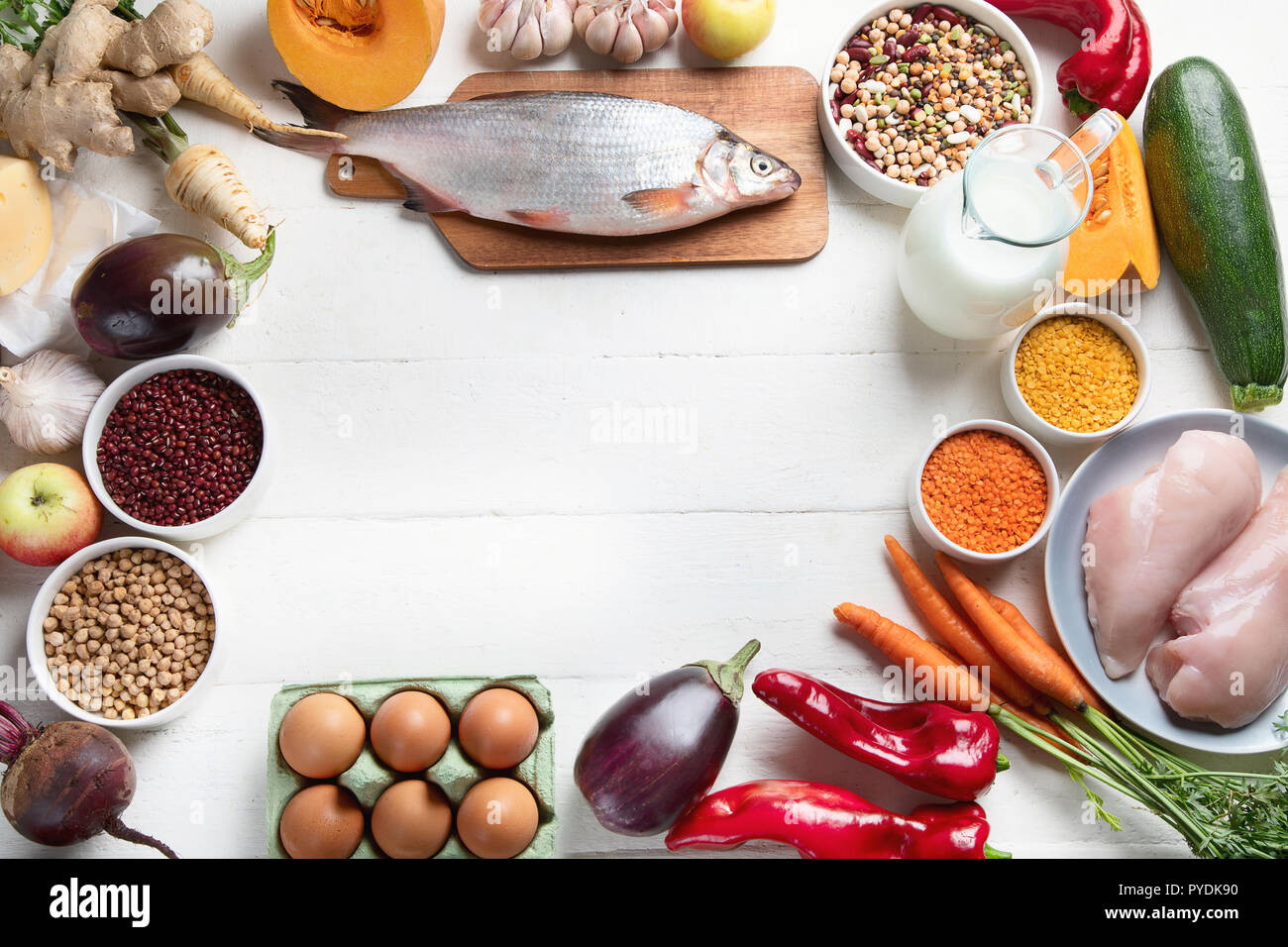 Balanced diet food concept. Ingredients for healthy cooking with copy ...