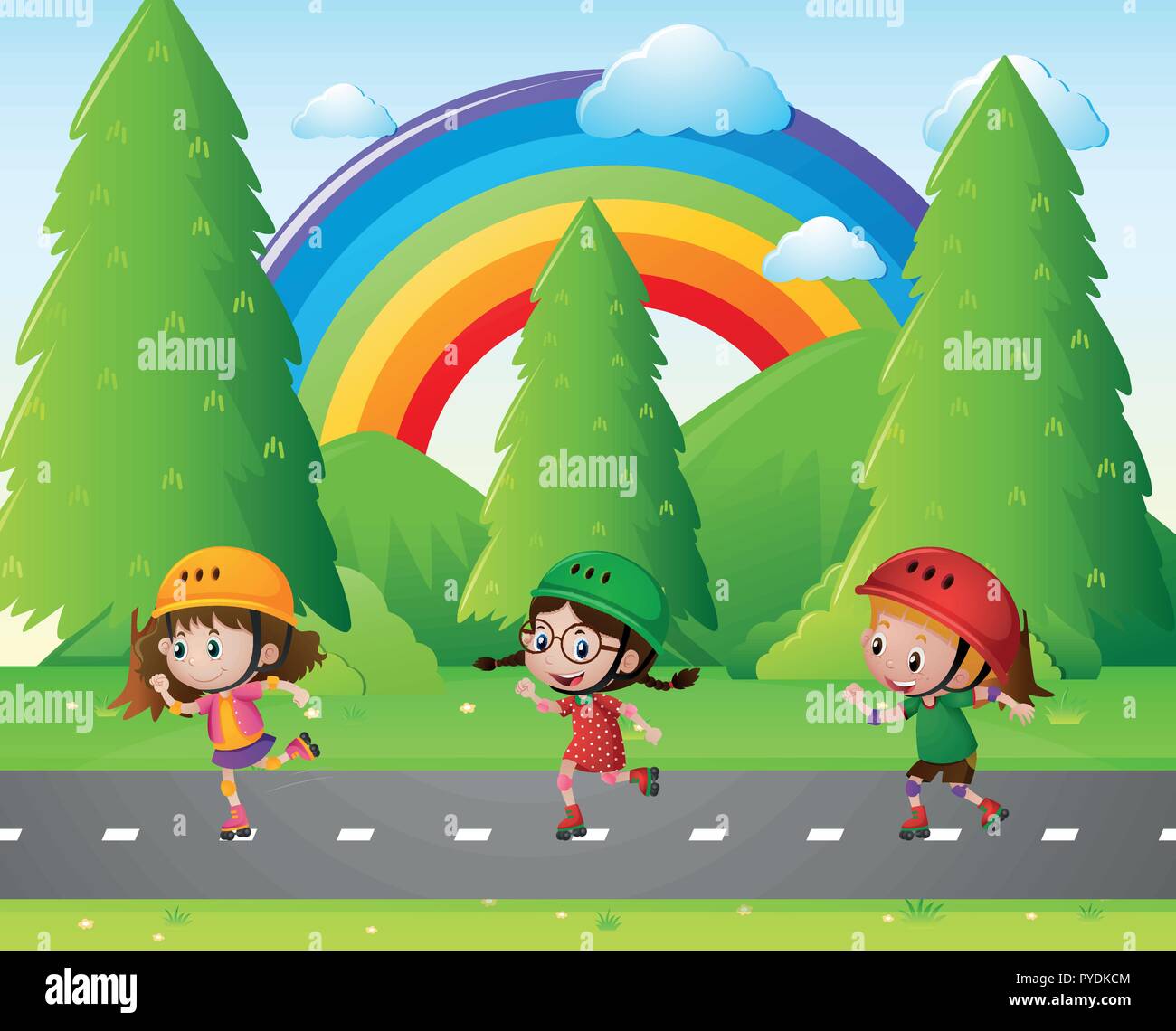 Three kids skating in the park illustration Stock Vector Image & Art ...