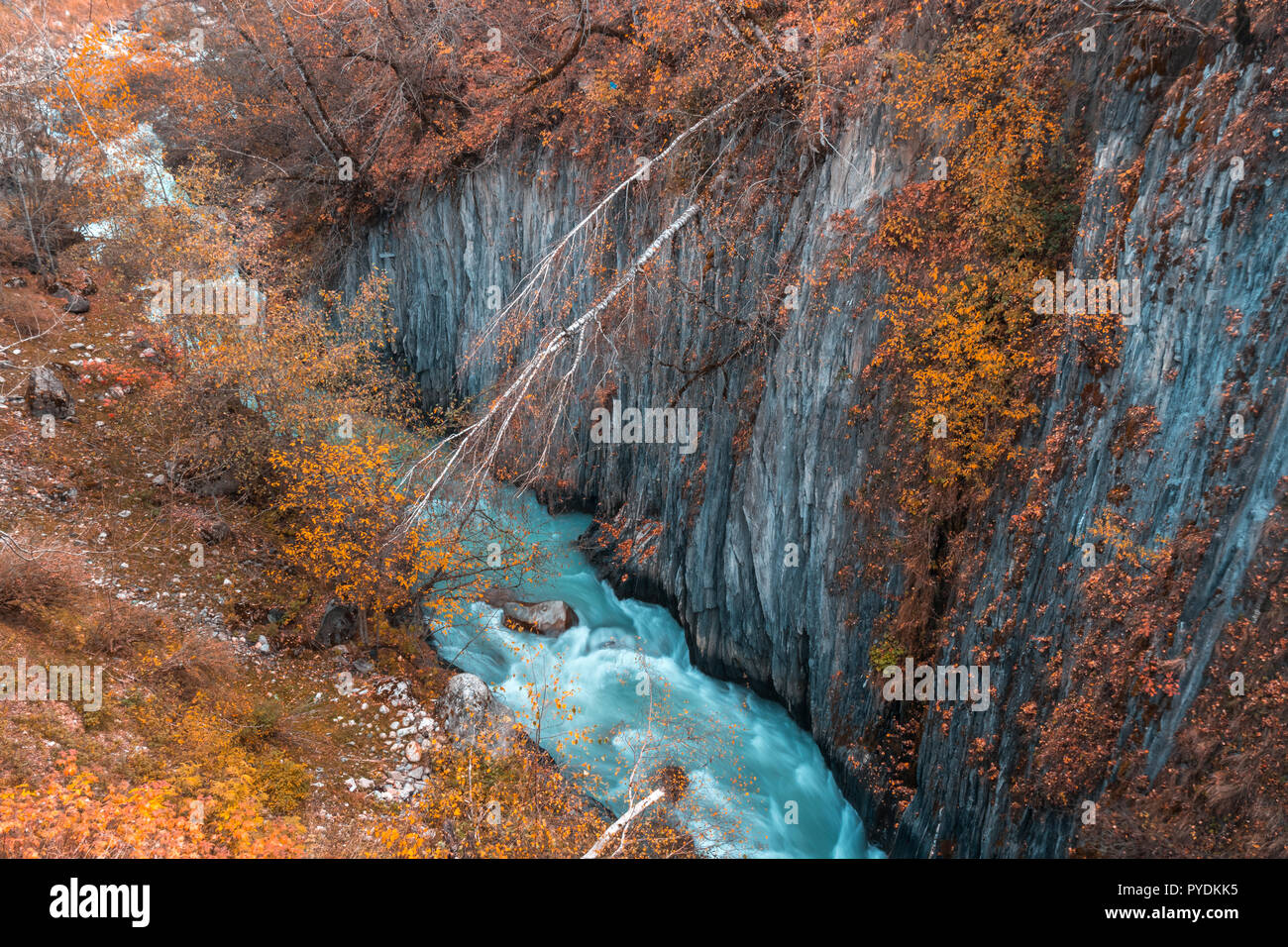 Wild river stream among cliffs and rocks, Enguri, autumn time in Mestia ...