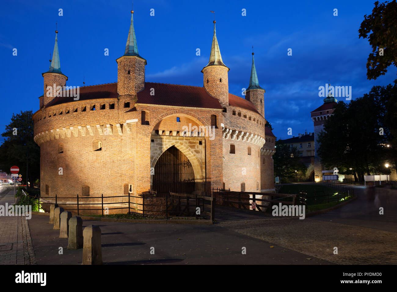The Barbican at night in Old Town of Krakow, Poland, part of the old ...