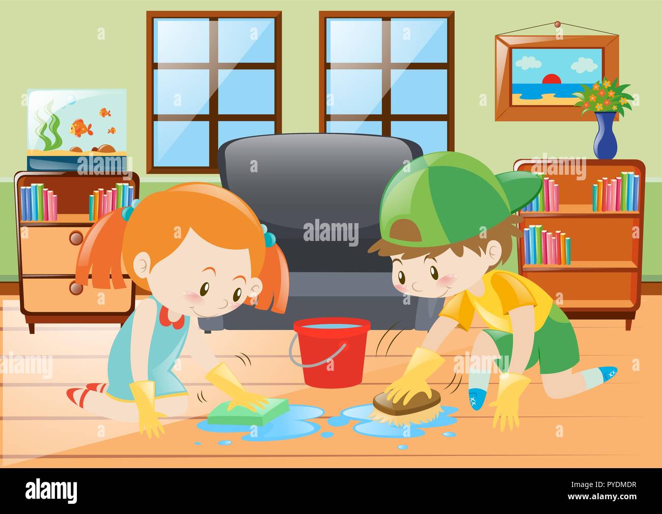 Two kids cleaning floor at home illustration Stock Vector Image & Art ...
