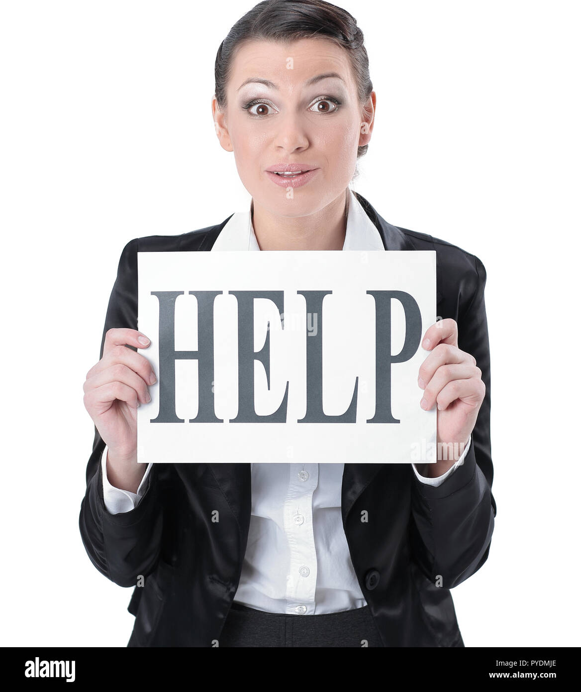 frustrated business woman showing paper ,writing help Stock Photo - Alamy