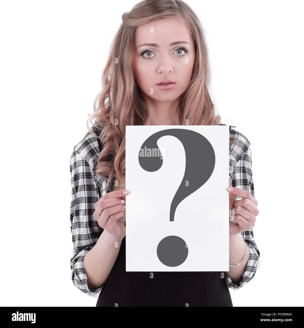 young business woman showing a sheet with a question mark Stock Photo ...