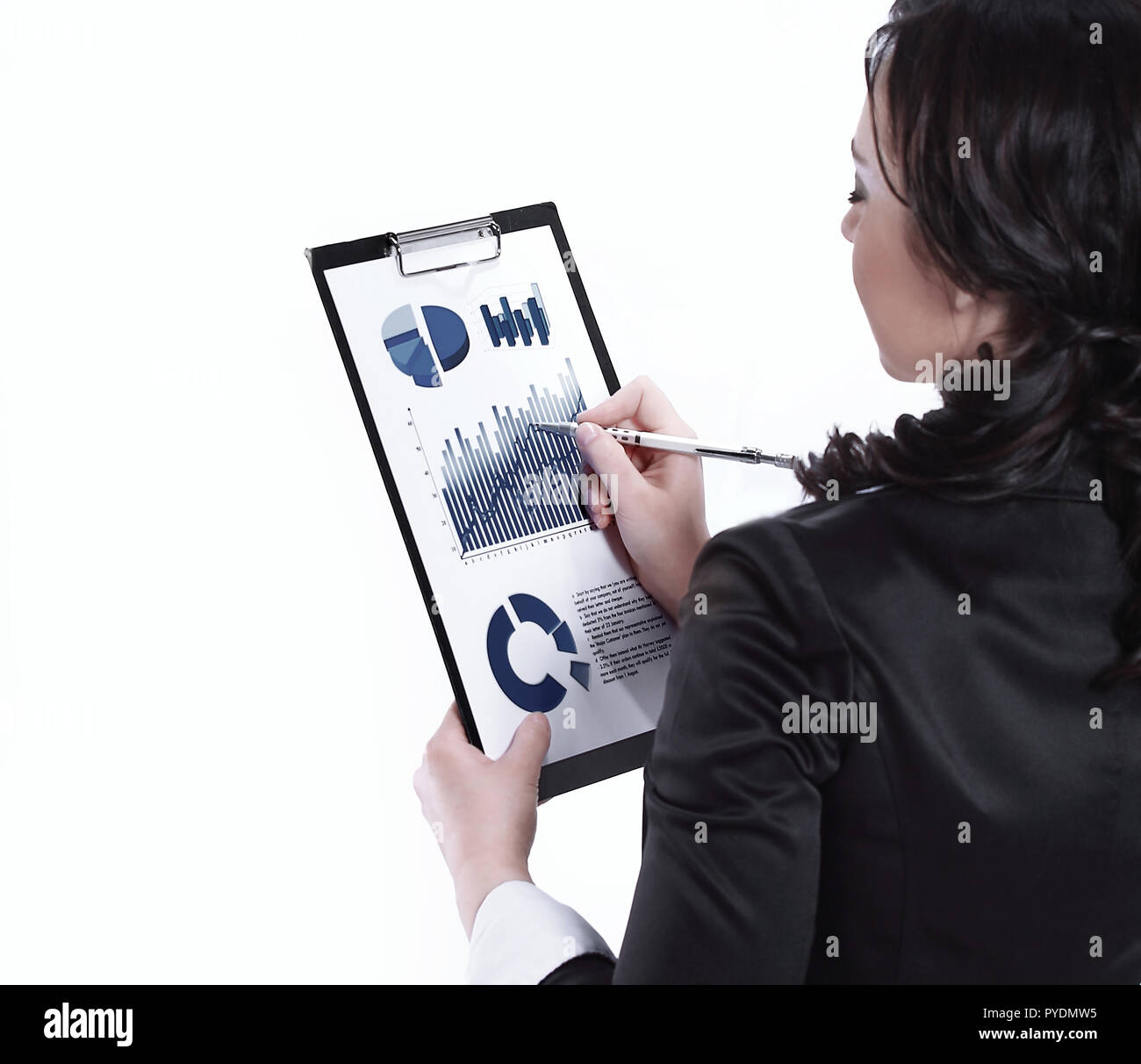 Executive business woman checking financial documents.isolated on white ...