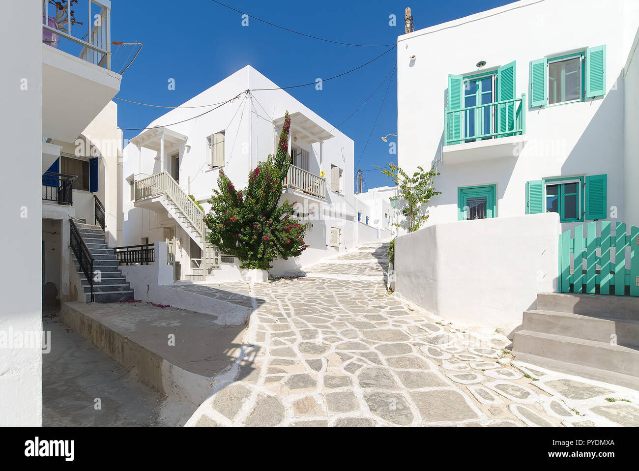 Naoussa village houses - Cyclades island - Paros - Greece Stock Photo ...