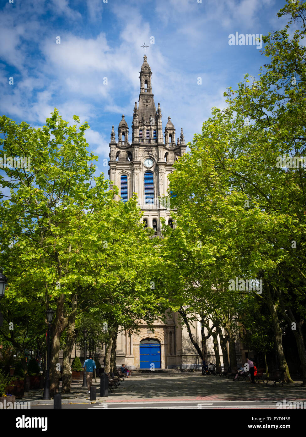 Church and trees in Bilbao, Basque Country Spain, detail of the front ...
