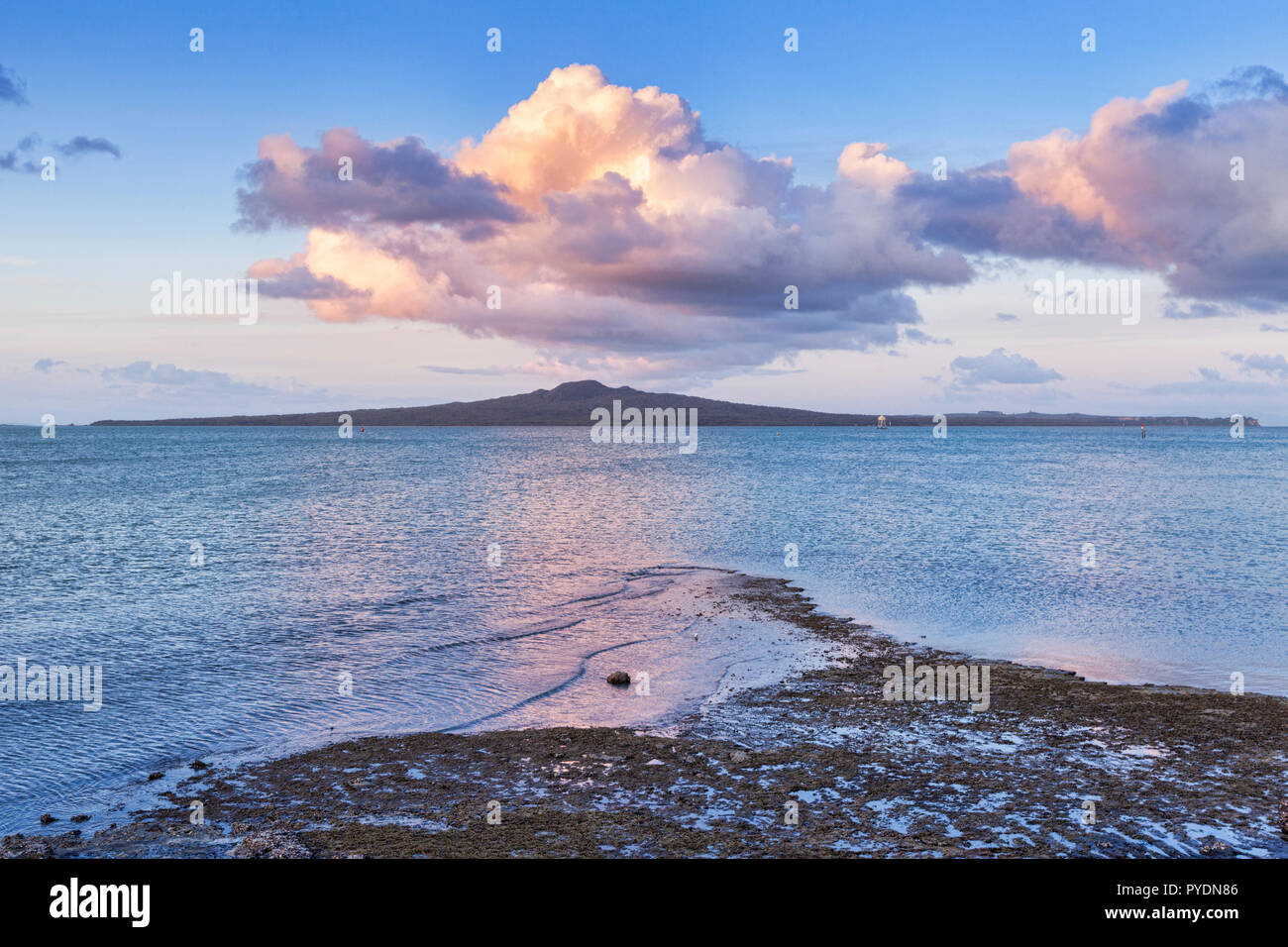 Rangitoto Island, one of the many volcanoes around Auckland, at sunset ...