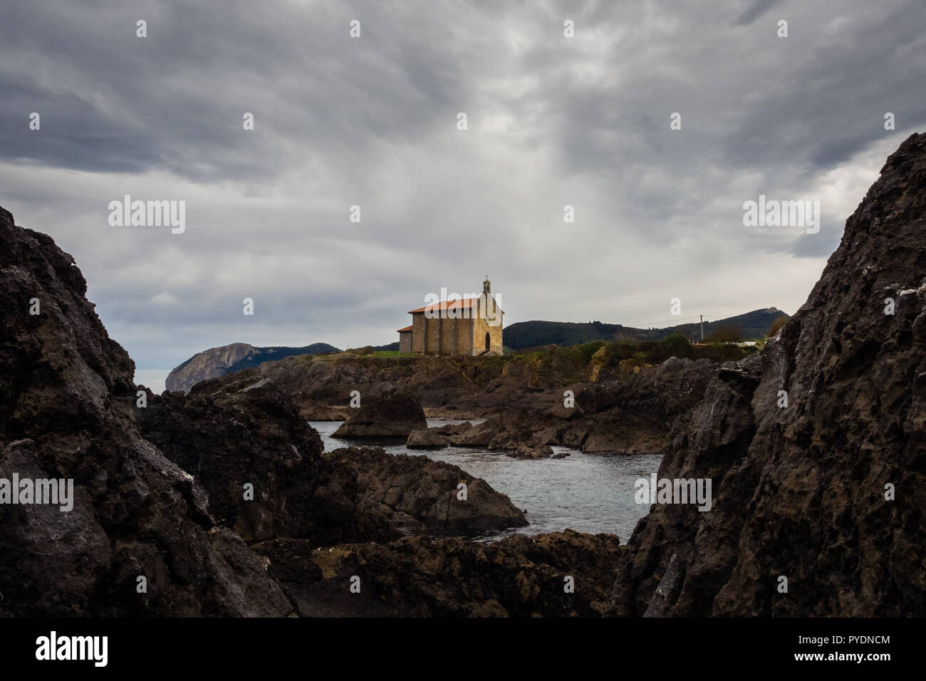 Little church in the coast of the Basque Country, landscape near ...