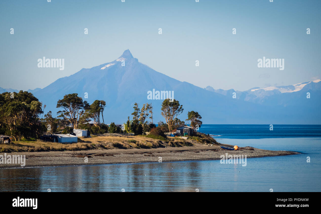 Quellon channel in Chiloé island, chile. With the andes range and ...