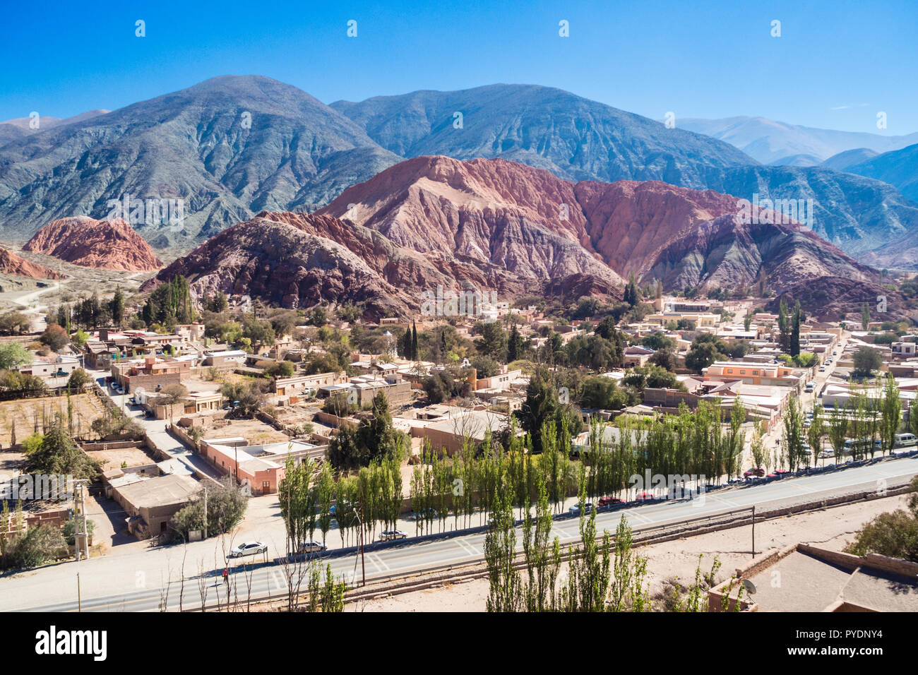 View of Purmamarca and the 7 colours mountain in northwest of Argentina ...