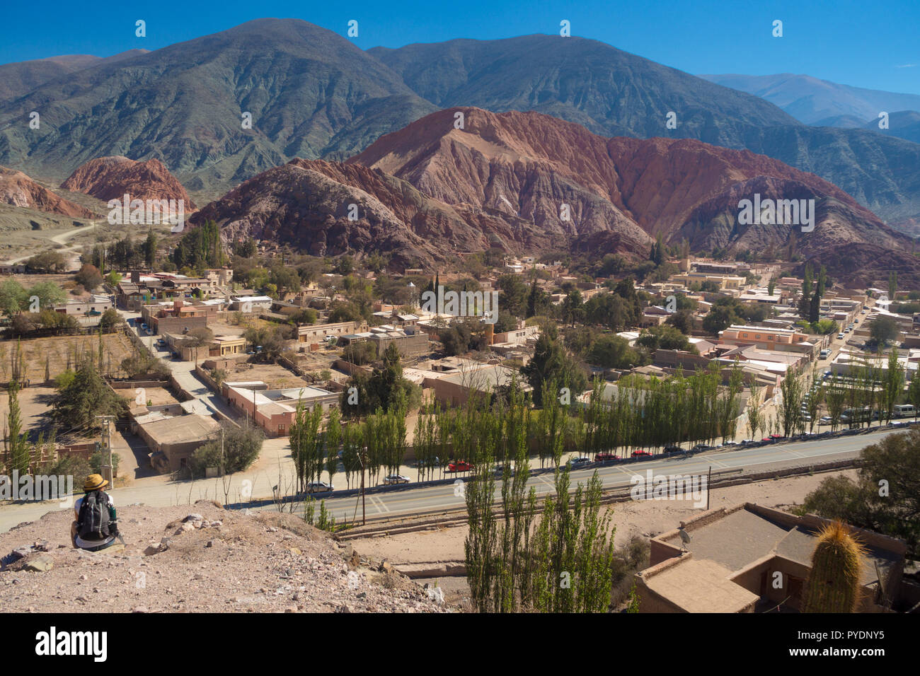 View of Purmamarca and the 7 colours mountain in northwest of Argentina ...
