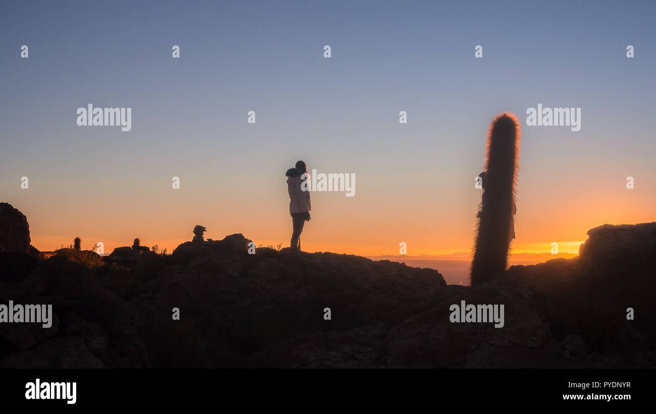 View on sunrise over island incahuasi by salt lake Uyuni in Bolivia ...