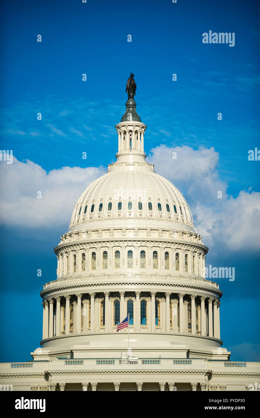Close-up architectural detail view of the US Capitol Building dome with ...