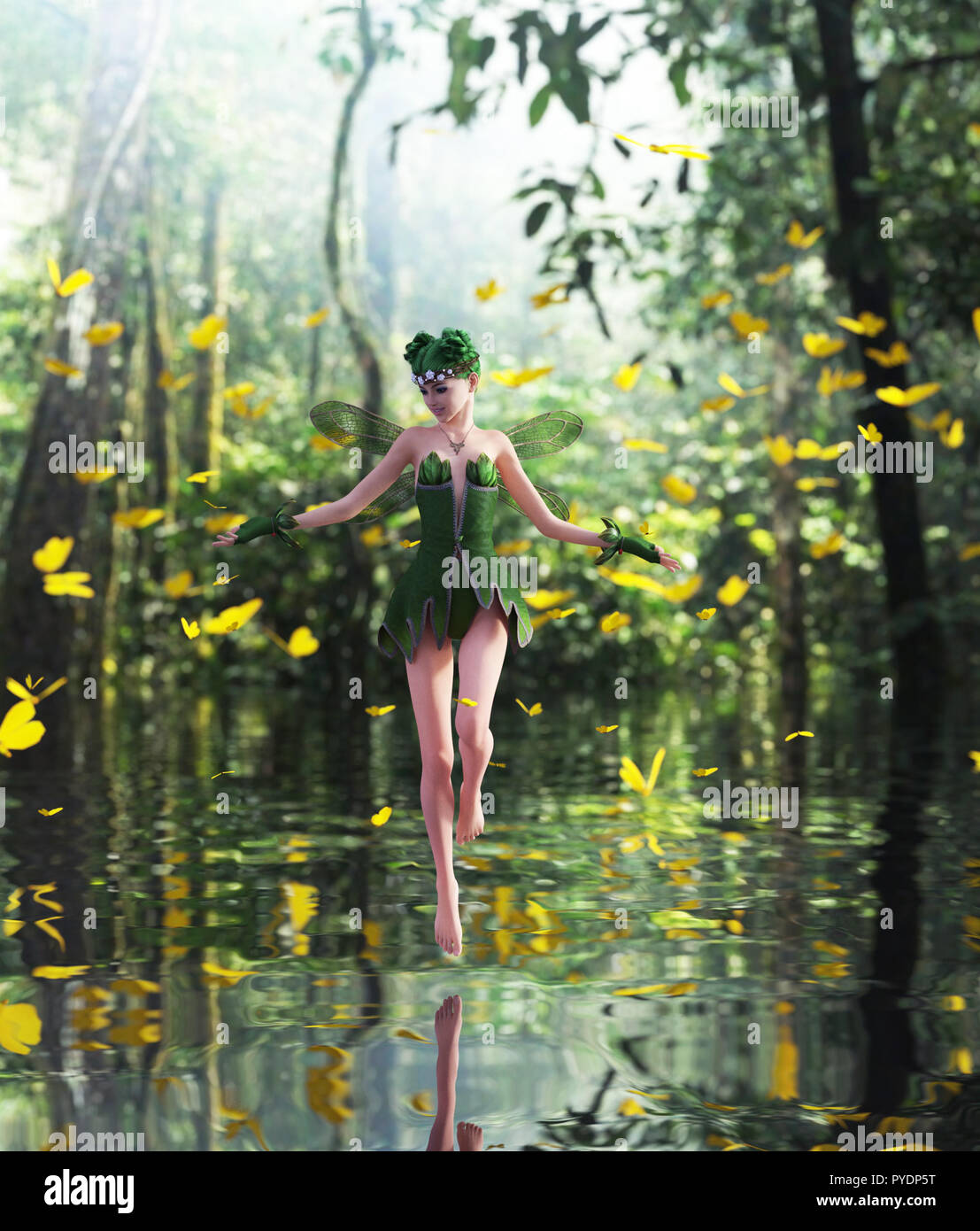 3d rendering of a fairy flying in a magical forest surrounded by flock ...